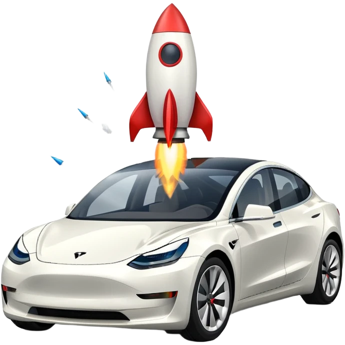 Tesla model 3 white. Icon. Rocket boost on roof emoji | AI Emoji Generator