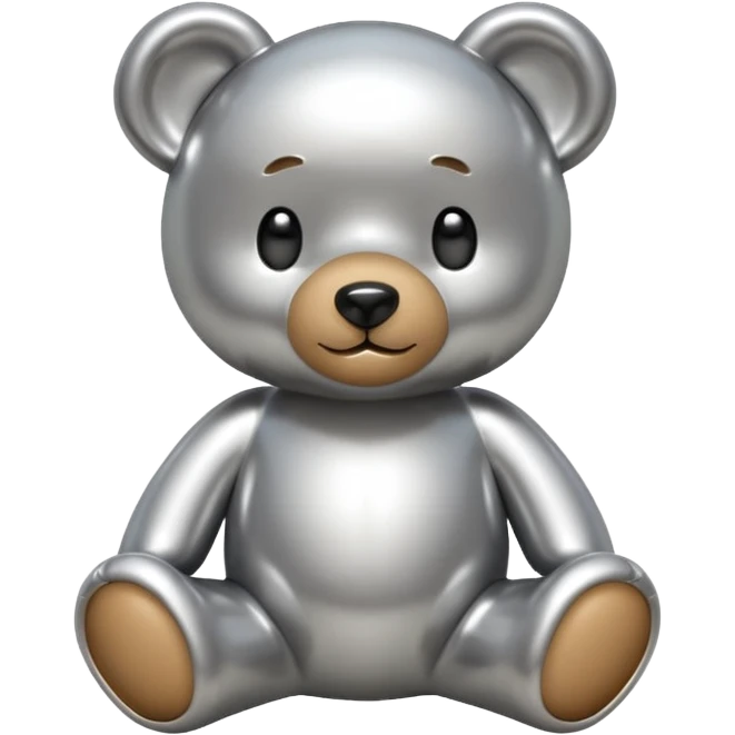 A cute teddy bear emoji made of liquid silver chrome, smooth rounded ...