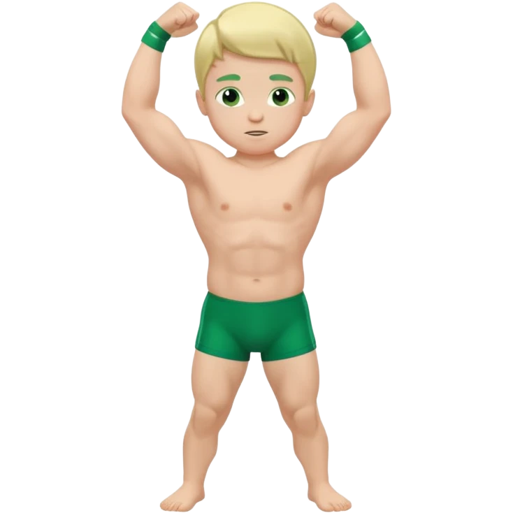 Little boy in a green speedo flexing his arms and bending his knees ...