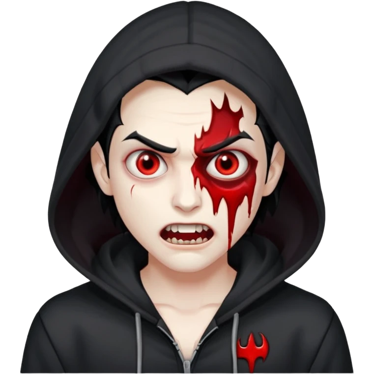 Vampire with gray white skin and full white eyes and bloody fangs and a ...