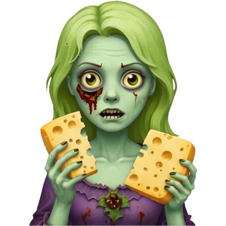woman zombie holding moldy cheese piece emoji | AI Emoji Generator