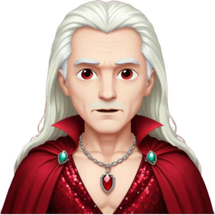 Dracula with long white hair, dark red sequin baggy pants, shirtless ...