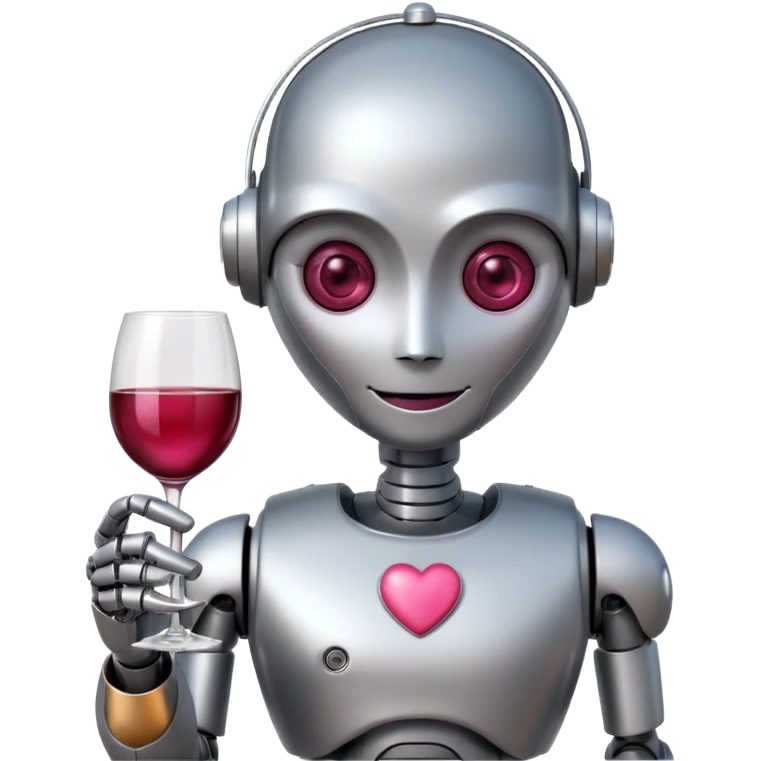 Un robot elegante con vino en la mano y una sonrisa tímida y unos ojos ...