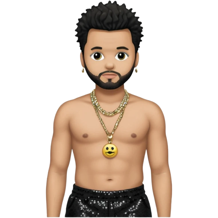The Weeknd with black sequin baggy pants, shirtless with necklace emoji ...