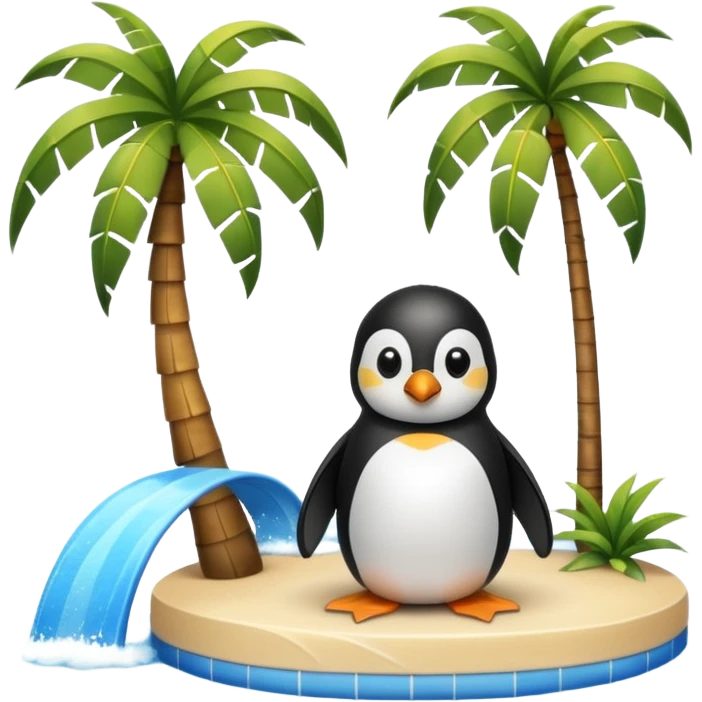 a penguin sitting by a palm tree and pool at the seaside with waves ...