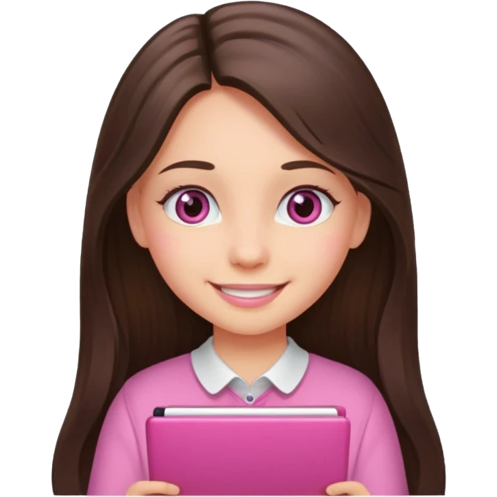 smiling long brunette hair girl with hazel eyes wearing pink writing ...