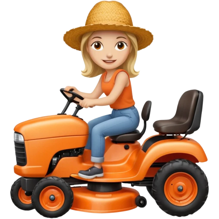 White woman without glasses wearing a straw hat, on old orange ride on ...