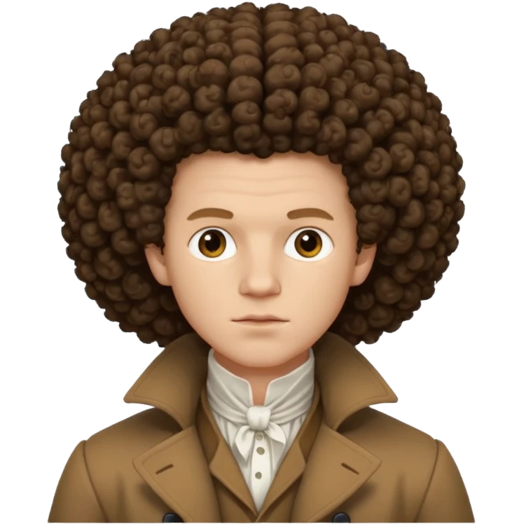 pale man, 1700s, white shirt brown coat, big afro curly hair, not too ...