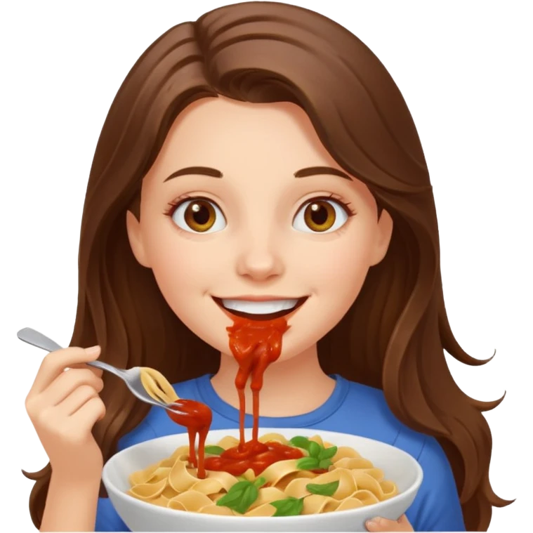 smiling white long brunette hair girl with hazel eyes eating pasta ...
