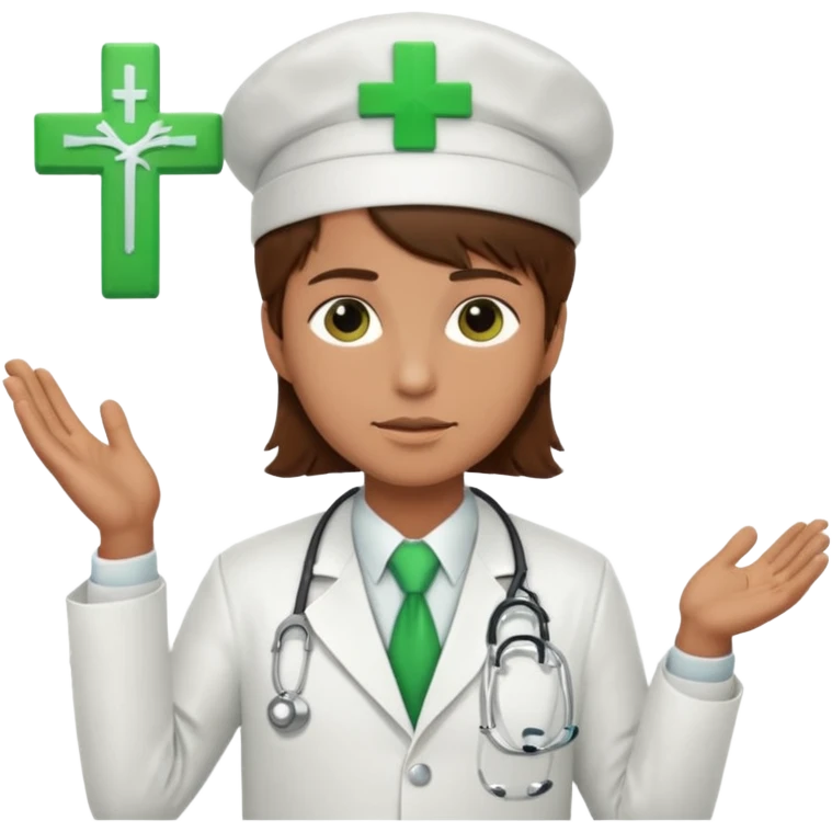 a doctor in white suit with a doctor hat with green cross brown hair ...