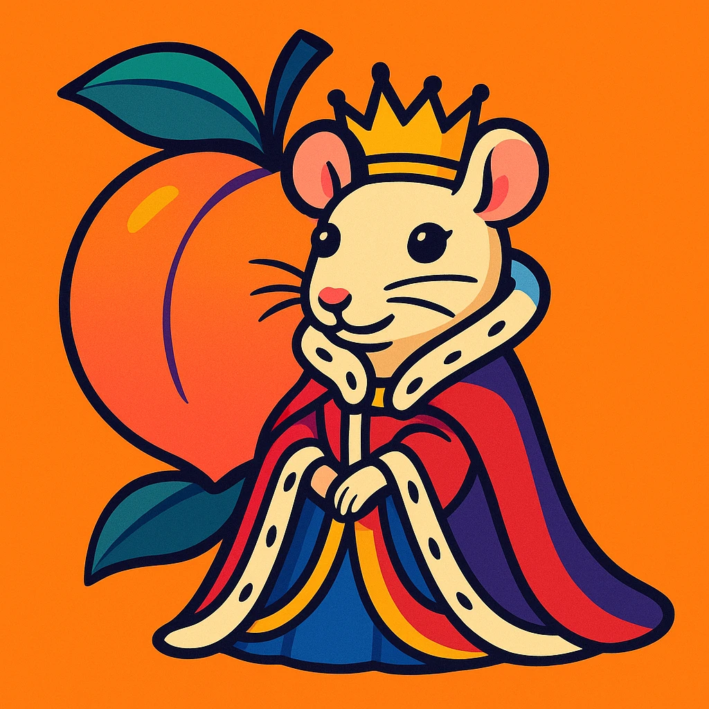 a peach with a rat queen's face, wearing royal attire, in a vibrant ...