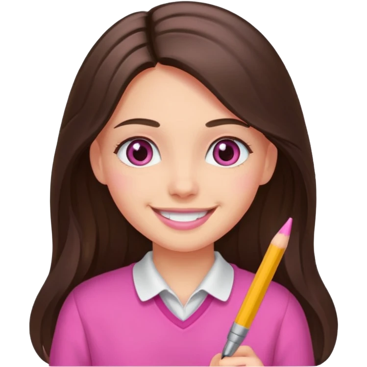 smiling long brunette hair girl with hazel eyes wearing pink writing ...