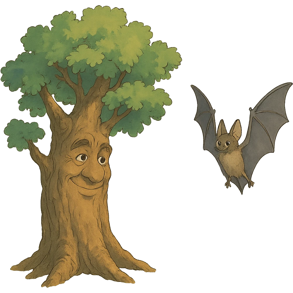 tree trunk with a face and a bat in ghibli style emoji | AI Emoji Generator
