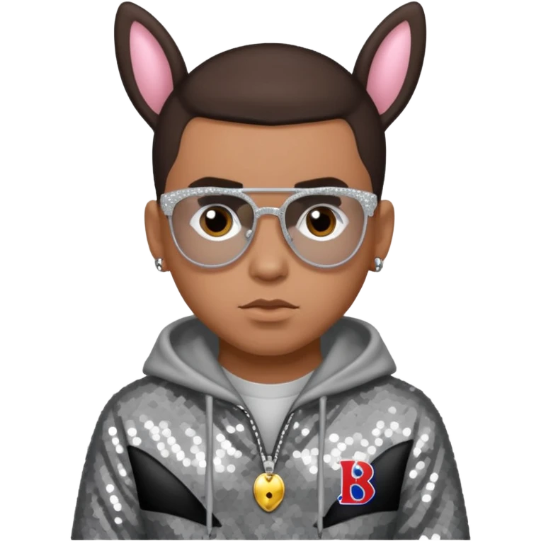 Bad Bunny, Puerto Rican Rapper with dark brown hair, gray sequin outfit ...