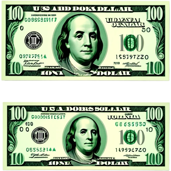 3D realistic US 100 dollar bill sticker, slight perspective, centered ...