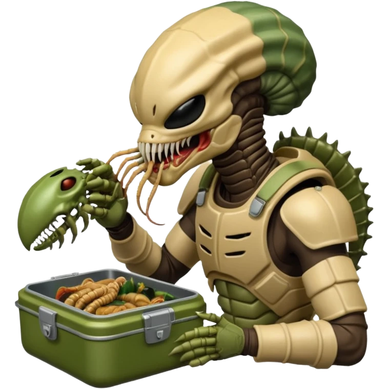 The Predator with full armor and mask eating an Alien facehugger from a ...