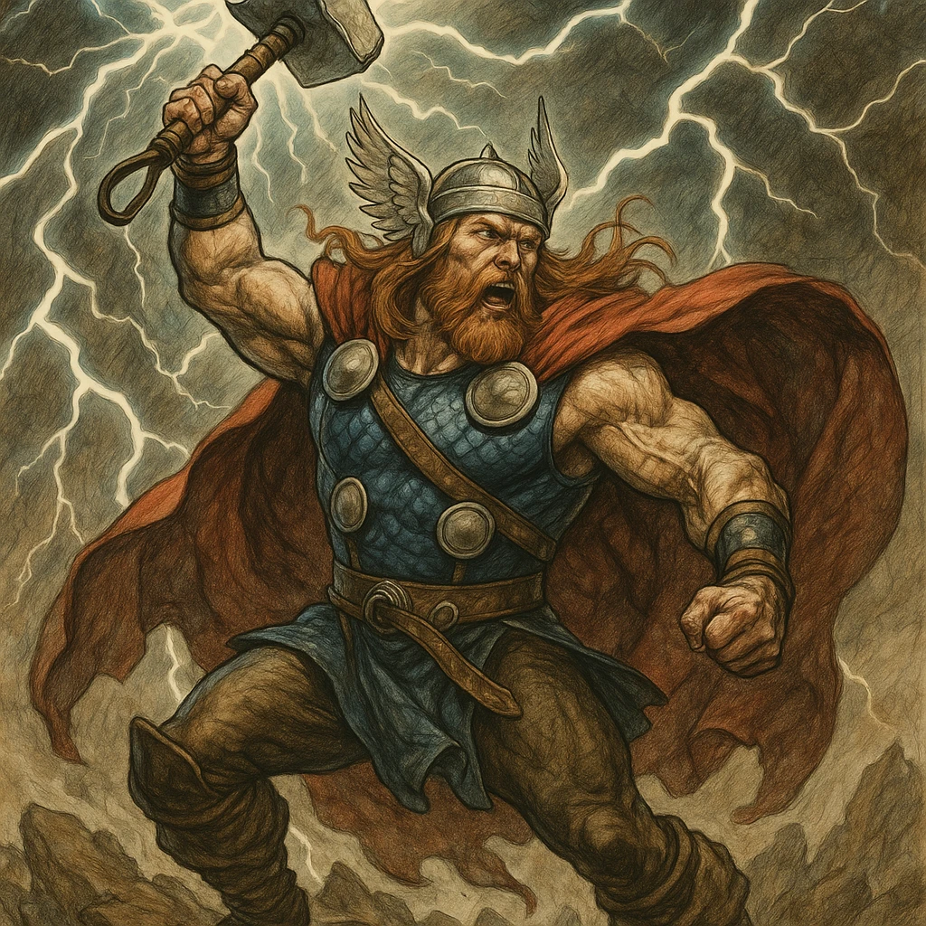 Thor, Norse god of thunder, with hammer, in a dynamic pose, detailed ...