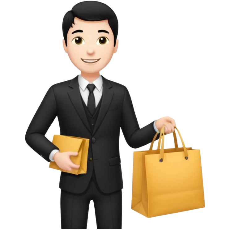 a white man black hair in a black suit with clothing shopping bag emoji ...