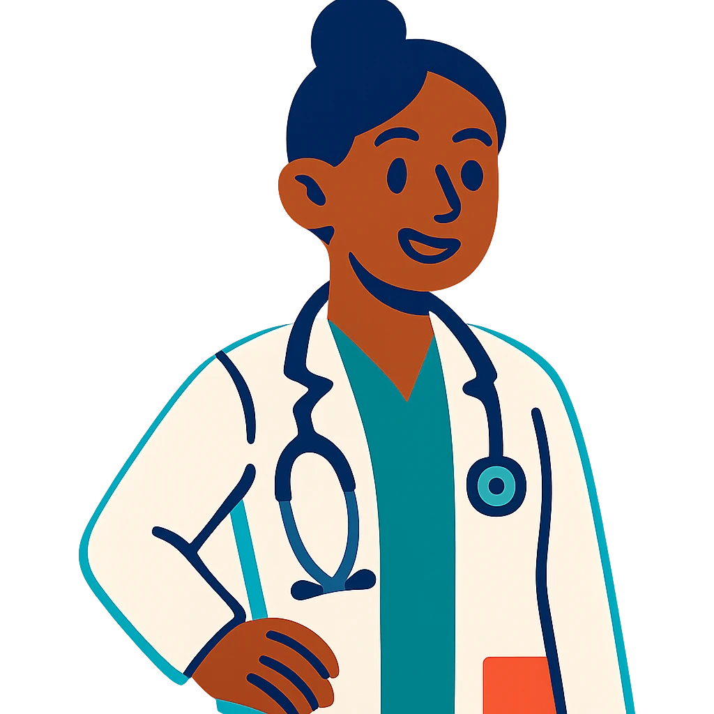 female doctor, modern medical attire, stethoscope, friendly expression ...