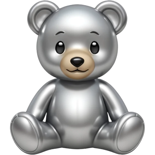 A cute teddy bear emoji made of liquid silver chrome, smooth rounded ...