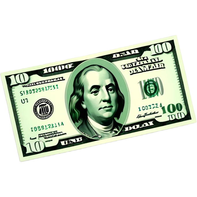 3D realistic US 100 dollar bill sticker, slight perspective, centered ...