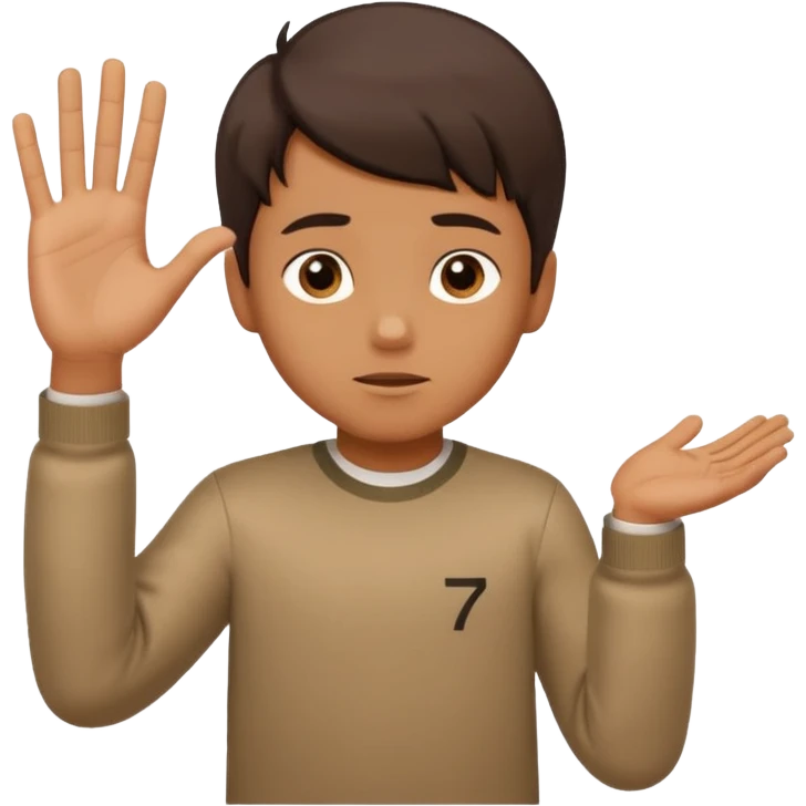 A boy shrugging with the number 6 over one hand and the number 7 over ...