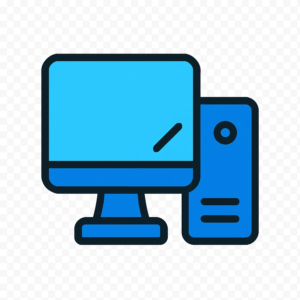 minimalist line-art style icon of a computer, light and deep blue ...