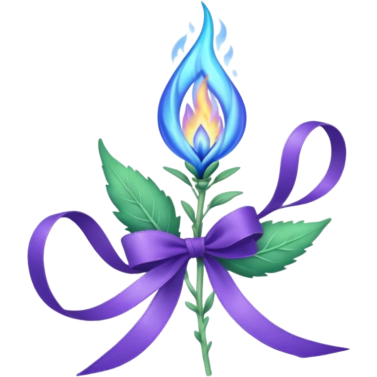 Blue flame enveloping a green sage sprout surrounded by a purple ribbon ...