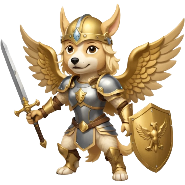 dog freya has sword and shield. she is a valkyrie and has wings ...