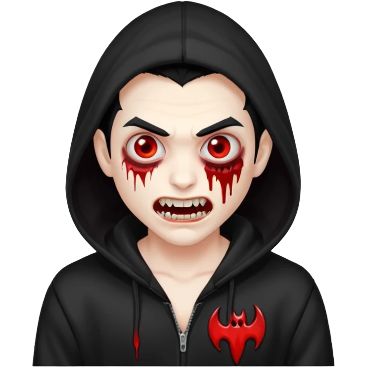 Vampire with gray white skin and full white eyes and bloody fangs and a ...