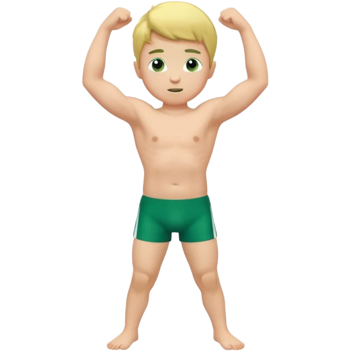 Little boy in green swim briefs flexing his arms and bending his knees ...