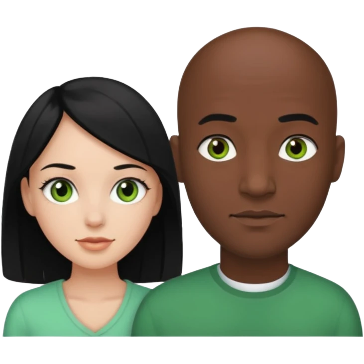 Black bald guy with brown eyes & a white girl balcky hair with green eyes emoji | AI Emoji Generator