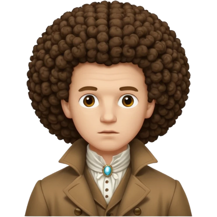 pale man, 1700s, white shirt brown coat, big afro curly hair, not too ...