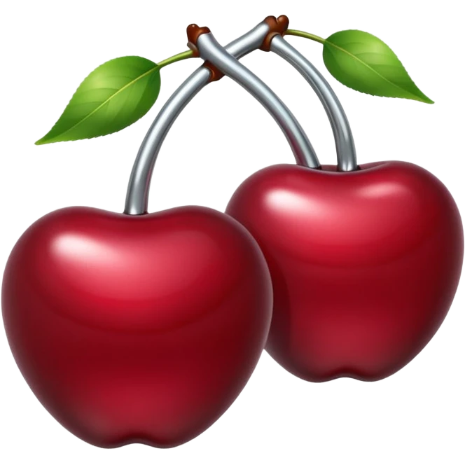 A pair of cherries emoji made of liquid silver chrome, smooth rounded ...