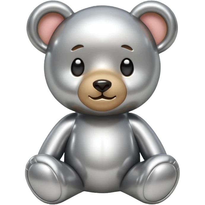 A cute teddy bear emoji made of liquid silver chrome, smooth rounded ...