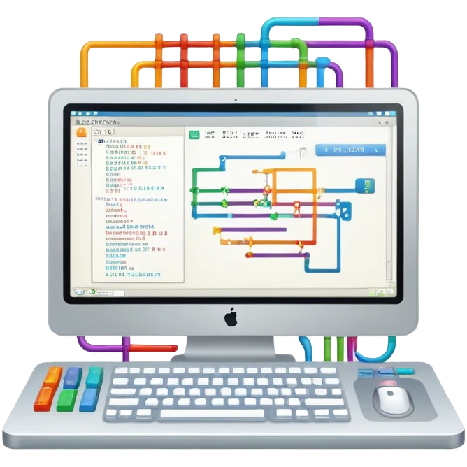 An icon featuring a colorful lines of code, brackets, and a blinking ...