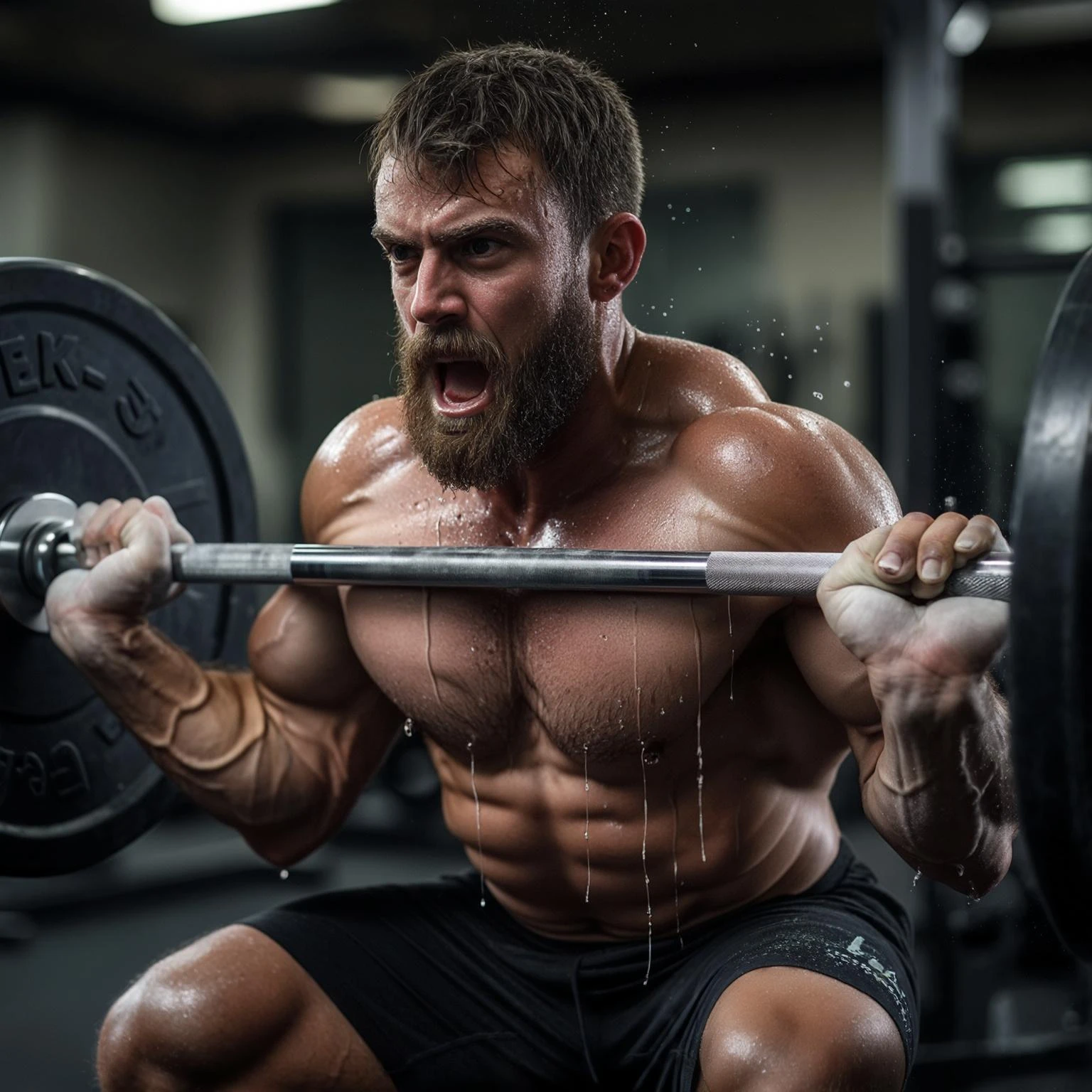 A muscular man in his early 30s, mid-workout in a gym, sweating heavily ...