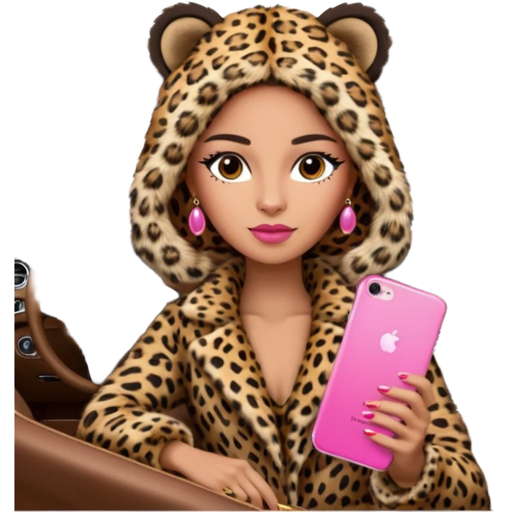 a queen Arina in a leopard fur and pink iPhone on her mercedes emoji ...