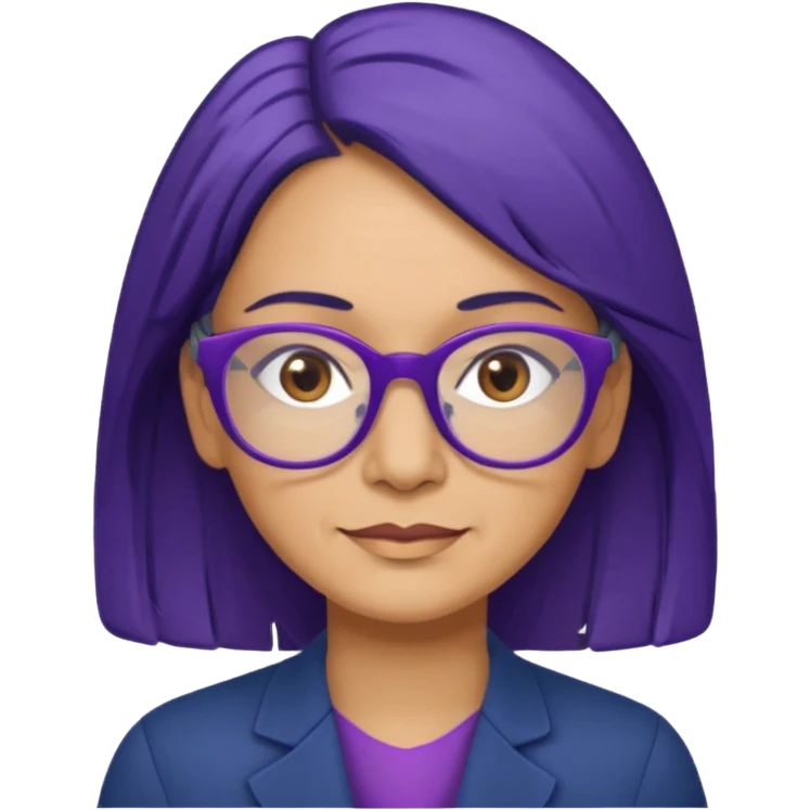 51-year-old woman. Navy blue shoulder-length hair. Purple wire-rimmed ...