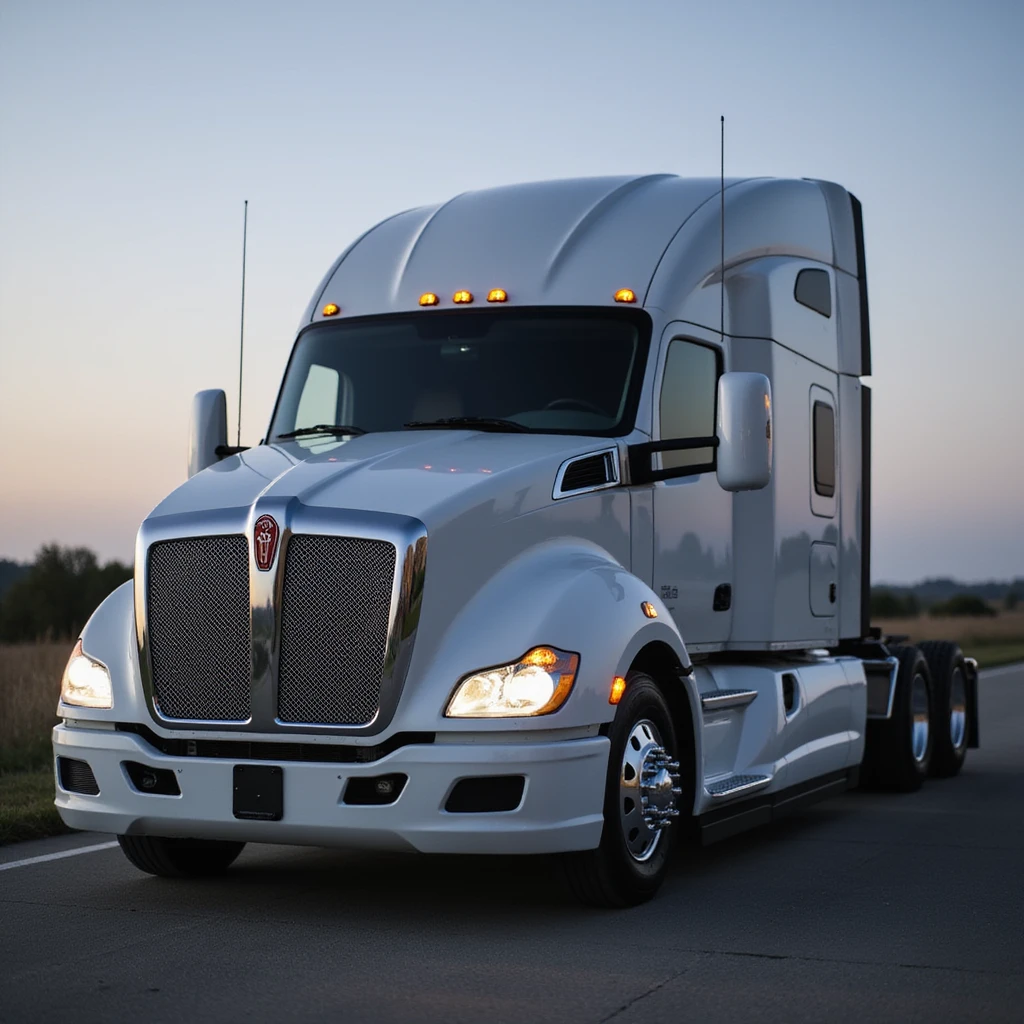 2026 Kenworth Sleeper semi truck, side view, headlights on, realistic ...