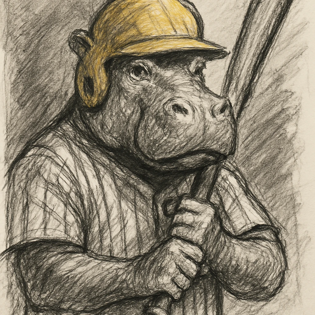 hippo holding a baseball bat, wearing a yellow helmet, pinstripes ...