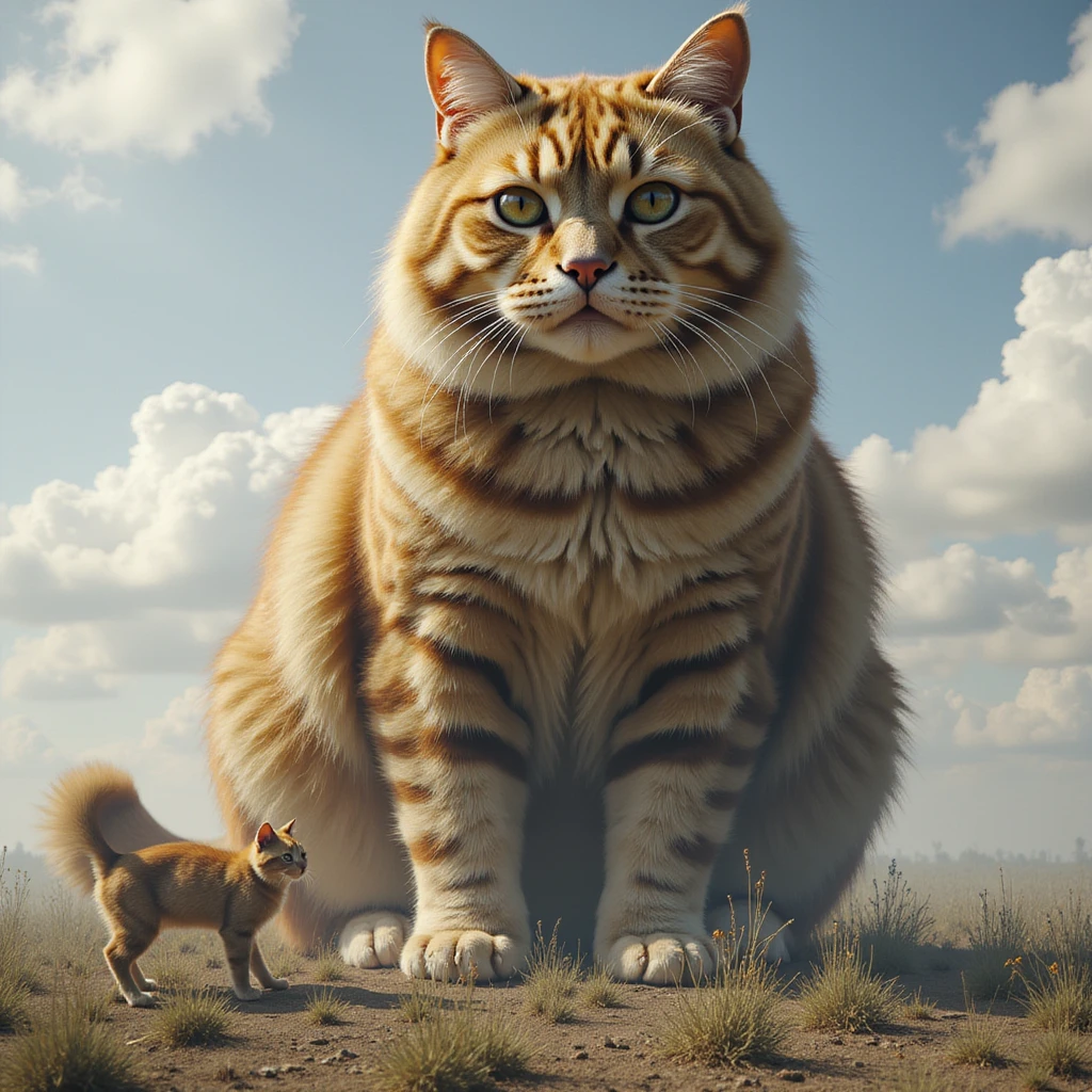 the world's biggest cat, towering over normal cats, photorealistic ...