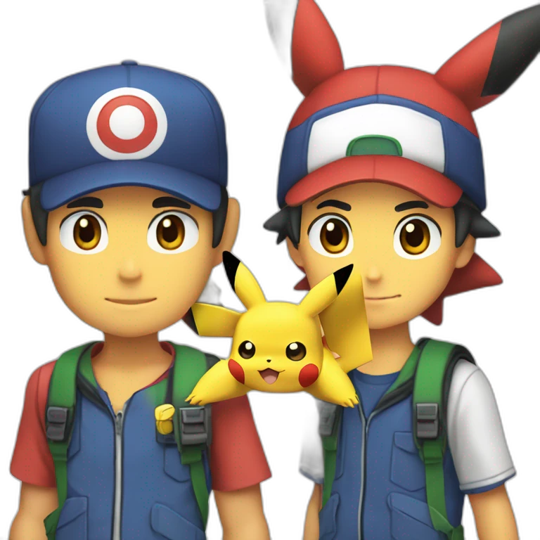 ash ketchum with pikachu on his shoulders emoji | AI Emoji Generator