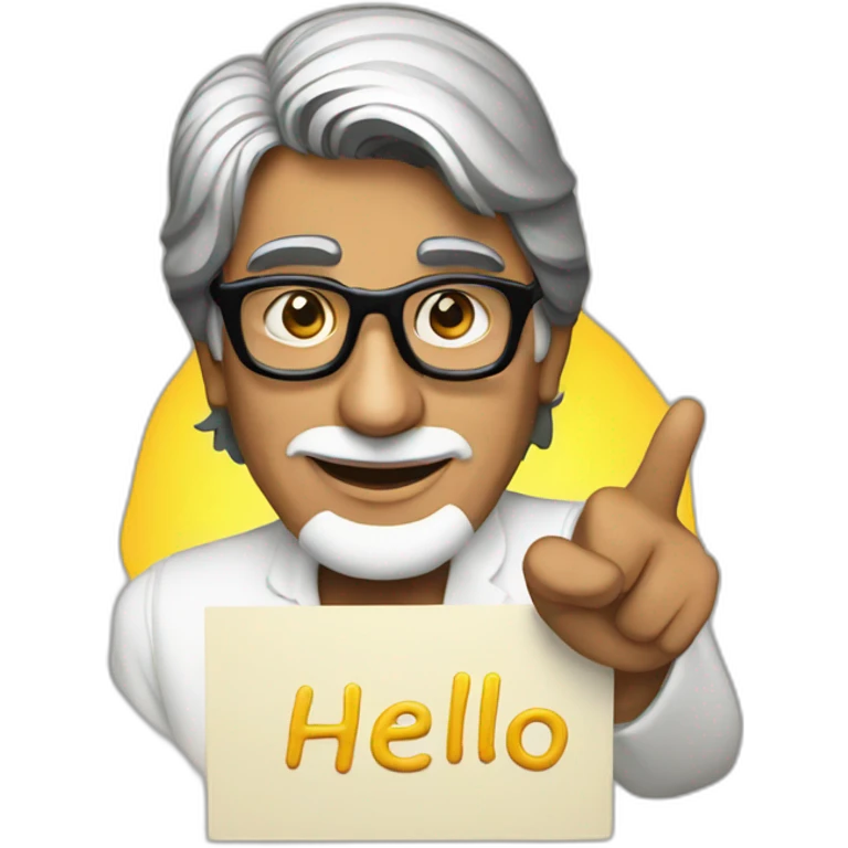 amitabh bachchan holding sign that says hello emoji | AI Emoji Generator