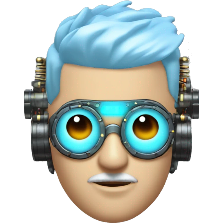 Short light blue haired male cyborg head with light blue beard, red ...