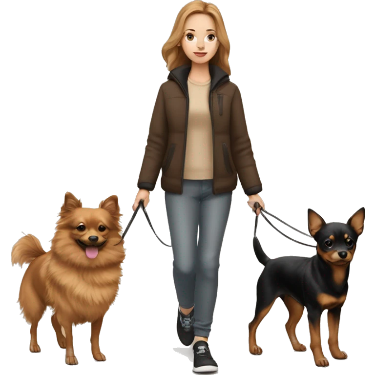 A light brown haired girl, walking one mini black and tan miniature ...