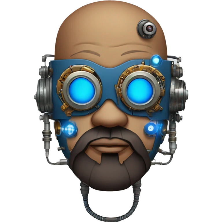 Bearded Fat bald cyborg head with brown skin, blue steampunk goggles ...