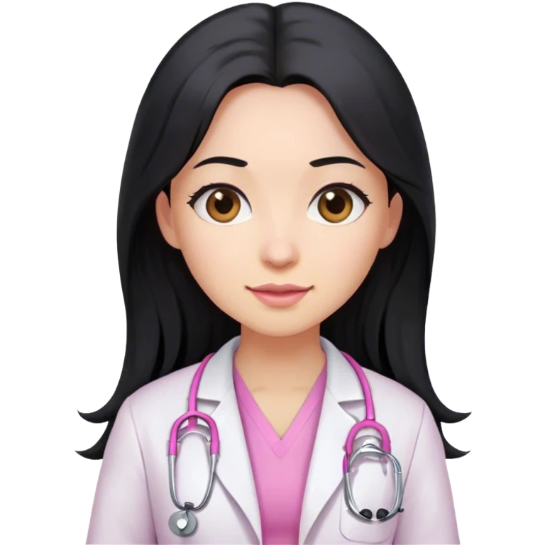Long black hair female doctor in pink undershirt white coat over pink ...