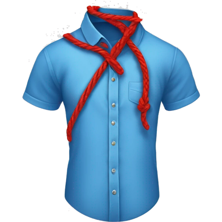 blue shirt with a red string crassed like an untied shoe lace and left ...