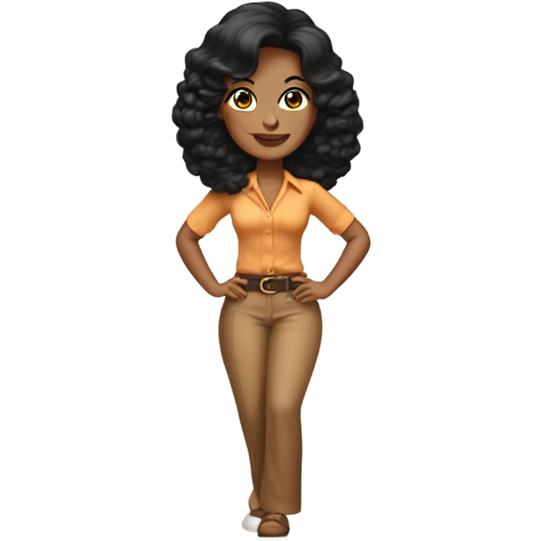 Tanned woman with black hair wearing 1970s style outfit and hair emoji ...